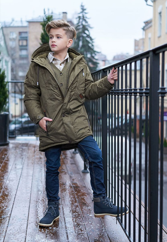 Куртка Мальчики OLDOS серый Полиэстер, размер 134 Длинный Зима приталенный Синтепух Россия ...