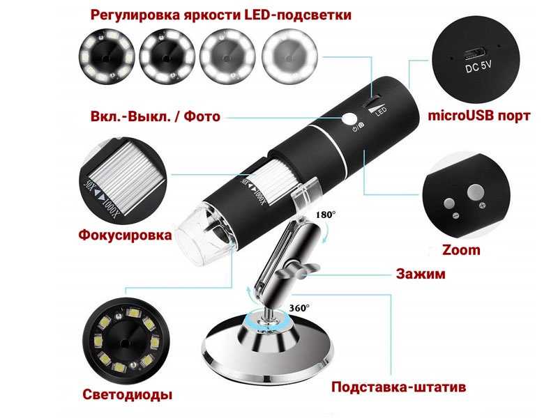 Беспроводной цифровой Wi-Fi микроскоп Dewang CSW02 2МПикс HD 1000Х ...