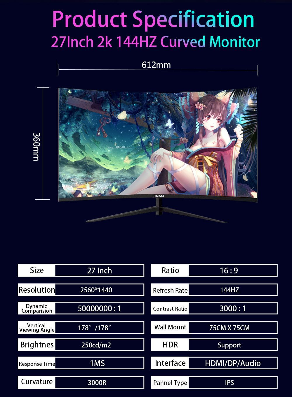 Монитор JCNAM Изогнутый игровой монитор, 144 Гц, разрешение 2k HD, ультратонкий и без полей 27 ...