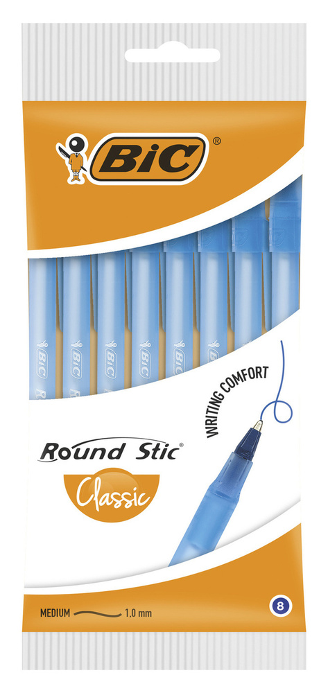 Ручки шариковые BIC "Round Stic", НАБОР 8 шт., СИНИЕ, узел 1 мм, линия ...