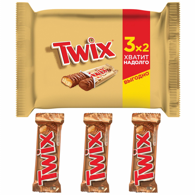 Шоколадный батончик Twix, 3 штуки по 55 грамм - купить с доставкой по выгодным ценам в интернет ...