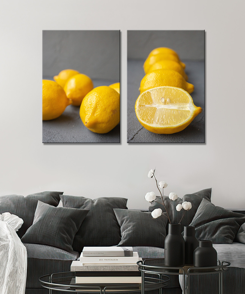Модульная картина для интерьера на стену Натюрморт лимоны на сером ...