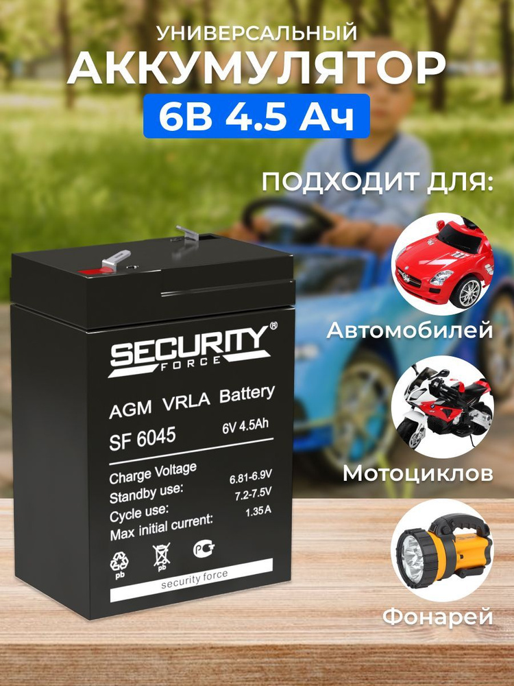 Аккумулятор для детского автомобиля и фонарей 6В 4.5А.ч Security Force ...
