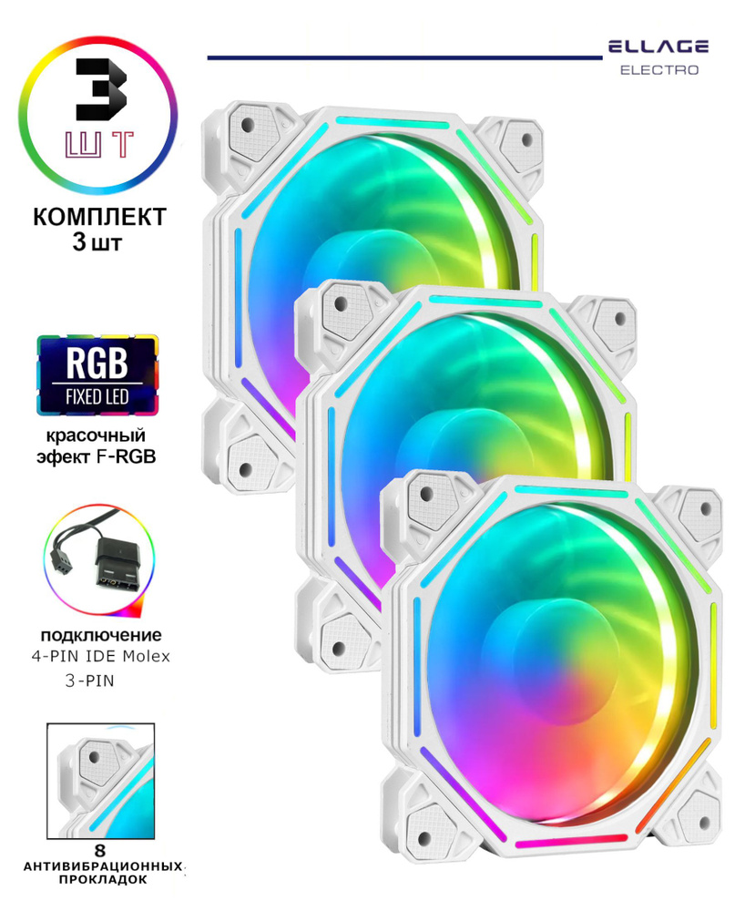 Вентилятор (кулер) ELLAGE COOL FAN, 120мм, 4pin Molex, 3-pin,FRGB ...