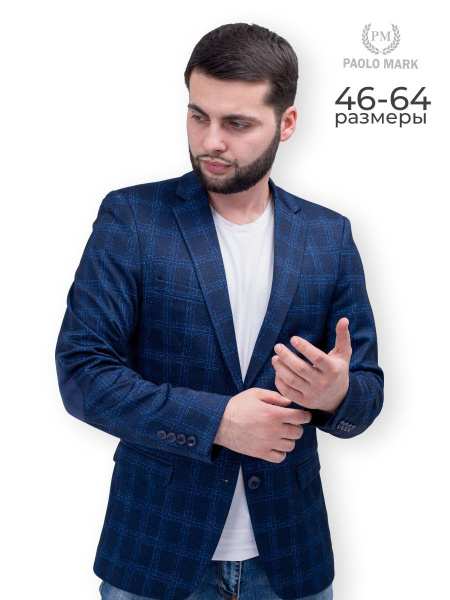 Пиджак Мужской PAOLO MARK темно-синий, размер 52 Полиамид, Шерсть Карманы Длинный Офисный ...