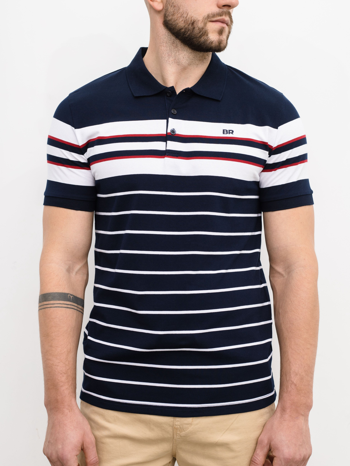 Поло Мужской Bronks темно-синий Короткий, размер 46, 48 Хлопок, Спандекс Полоска свободный ...