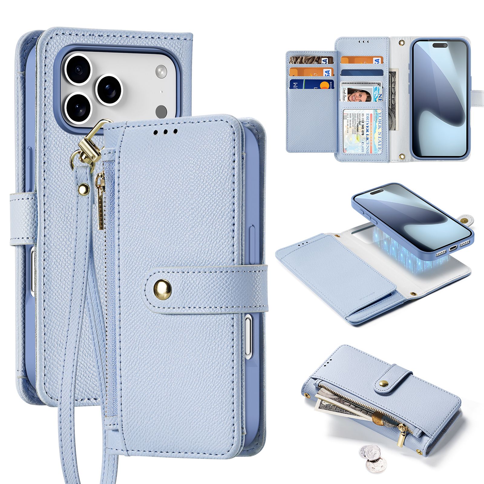 Чехол кошелек из кожи светло-синего цвета (Light Blue) для iPhone 17 ...