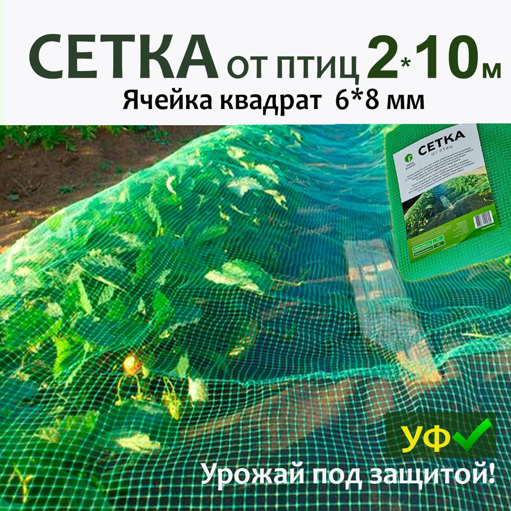 Сетка от птиц 6*6мм 2х10м ЗЕЛЕНАЯ защитная, огородная, для деревьев ...