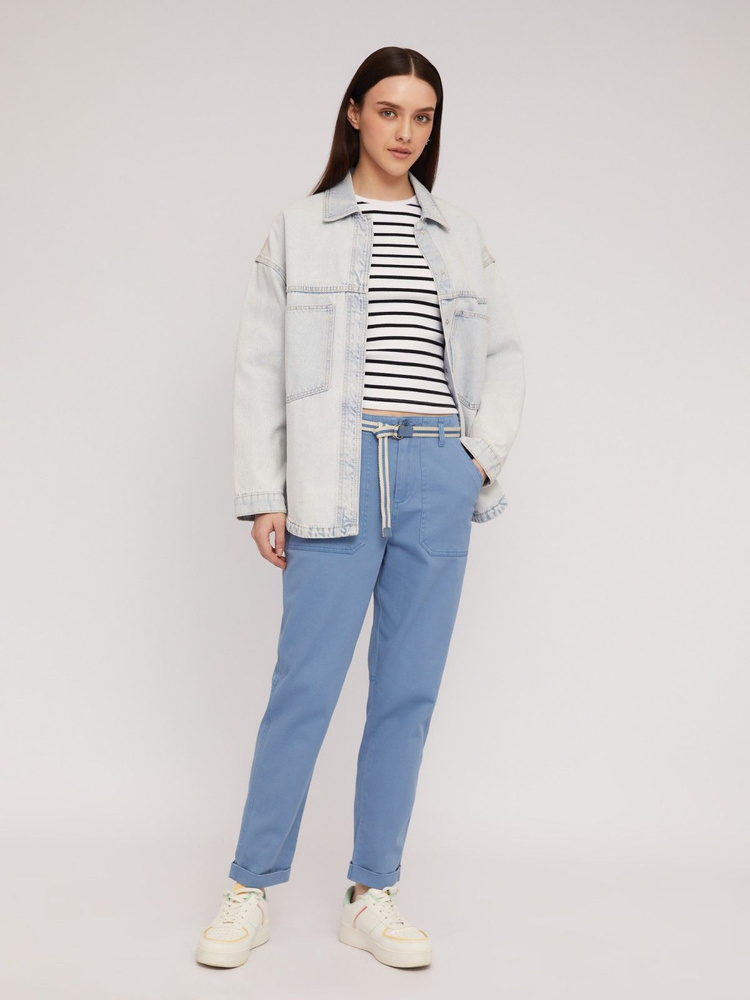 Брюки Женский Zolla слим голубой Хлопок, Эластан Повседневный, размер 46 Лето, рост 164-176 ...