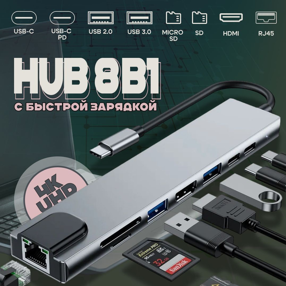 Type-C HUB для MacBook, TYPE C разветвитель 8в1,универсальный хвб, HDMI, USB 3.0 купить на OZON ...