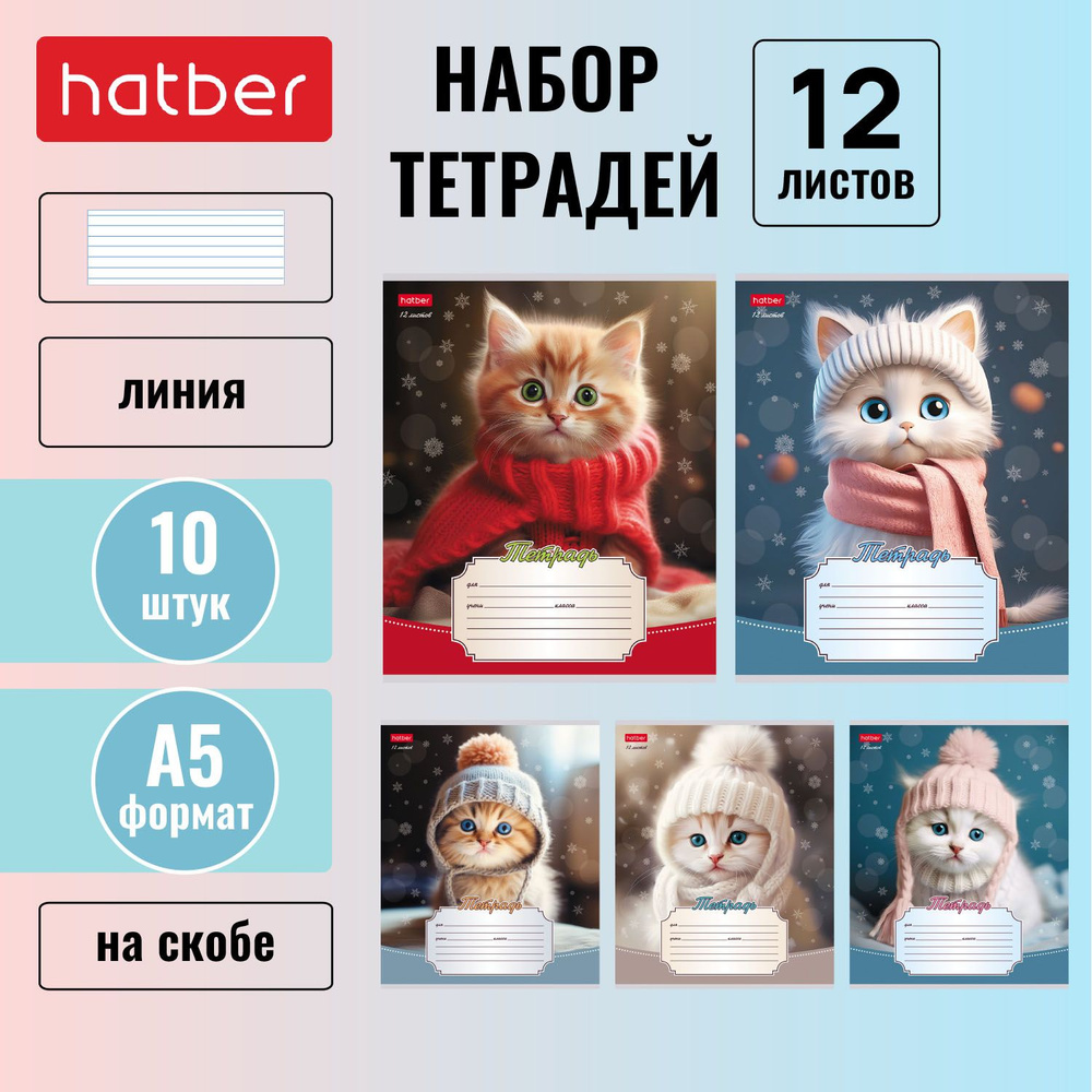 Набор тетрадей Hatber 12 листов формата А5, линия, 65 г/кв. м, 5 дизайнов/10 тетрадей в блоке ...