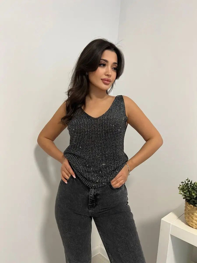 Топ Женский My Shape черный, размер 50, 56 Хлопок, Вискоза Без рукавов Повседневный Камни Китай ...