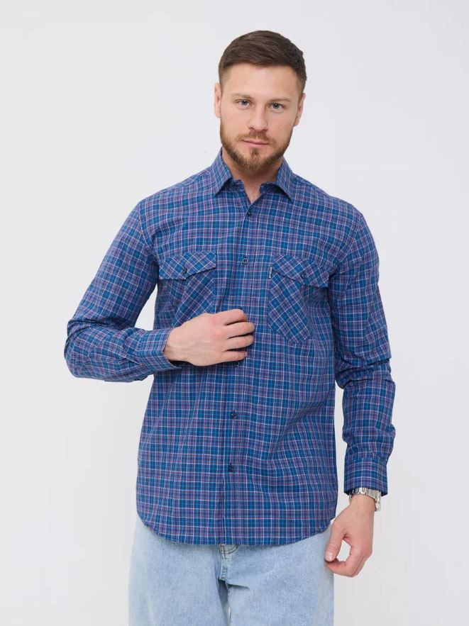 Рубашка Мужской Brostem темно-синий графитовый Длинный Хлопок Клетка, размер 54 прямой Пуговицы ...