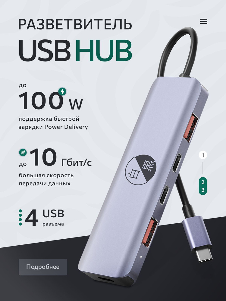 Type-C разветвитель Hub ShiroKuro 100W 10 Гбит/с USB 3.2 Gen2 с поддержкой быстрой зарядки ...
