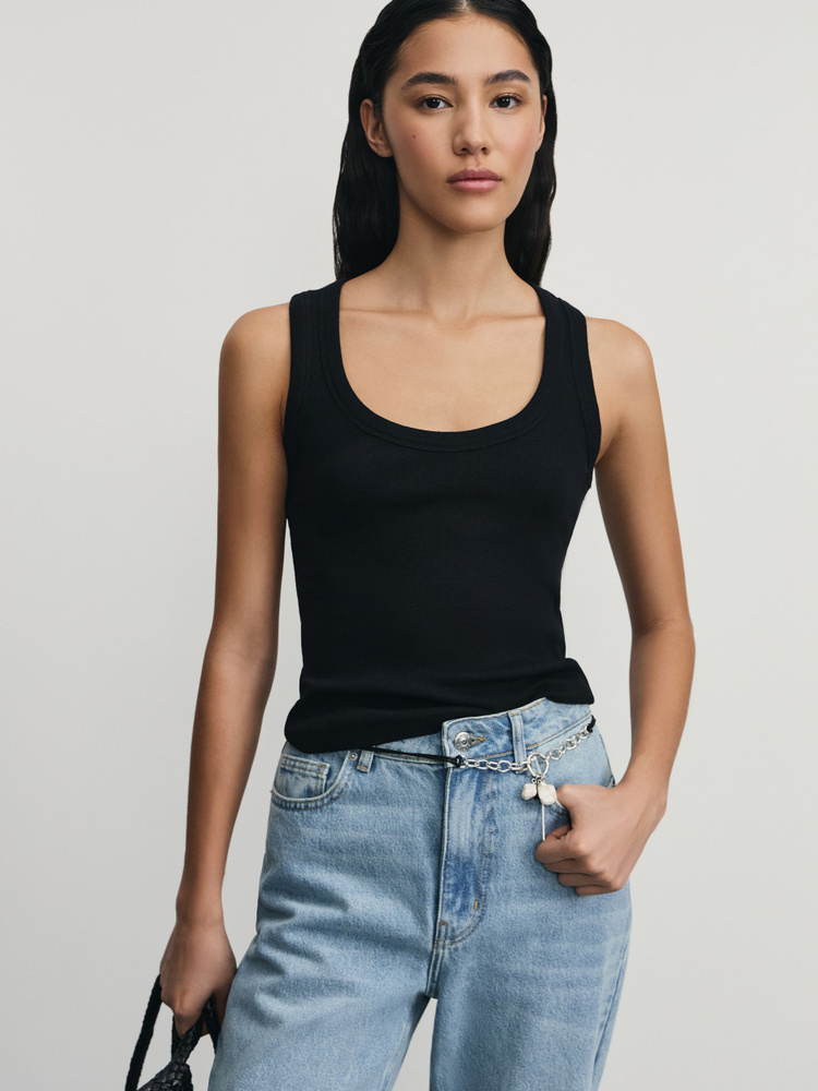 Майка Женский Zarina черный, размер 46 Хлопок, Эластан Повседневный Узбекистан облегающий ...