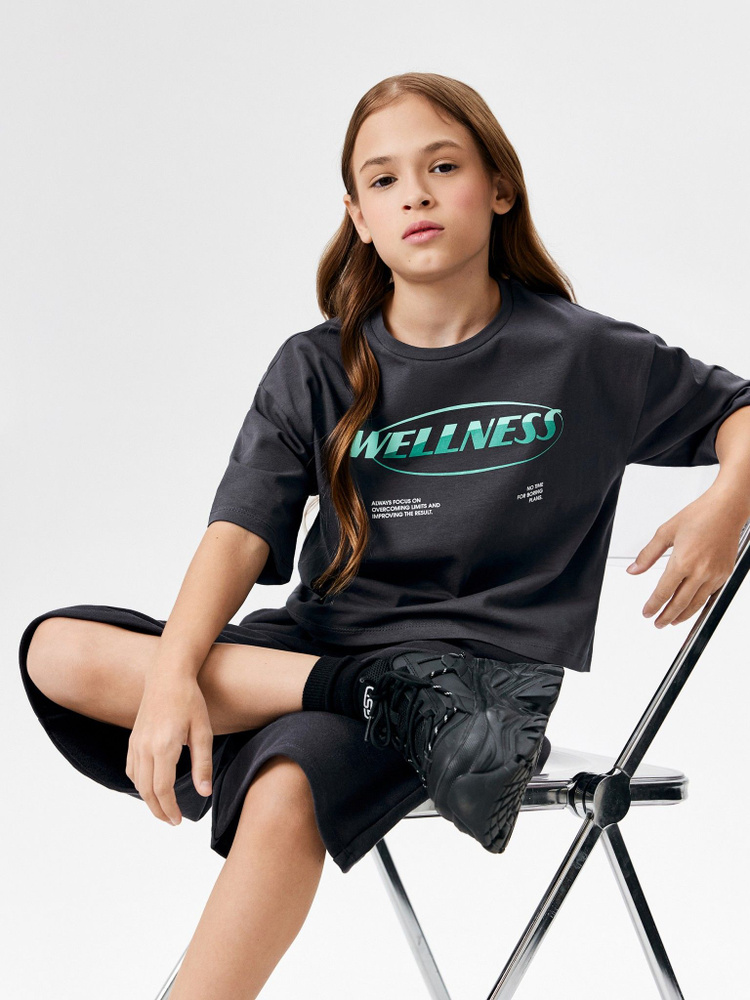 Футболка Девочки Acoola графит Средний, размер 146 Трикотаж, Хлопок Надписи укороченный ...