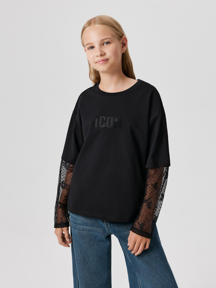 Лонгслив Девочки Acoola черный каменный Длинный, размер 158 Трикотаж, Хлопок Стразы, В сеточку ...