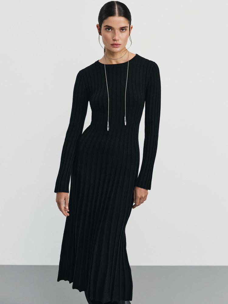 Платье Женский Zarina черный вязаное Повседневный Длинный Акрил, Полиамид, размер 48 Без ...