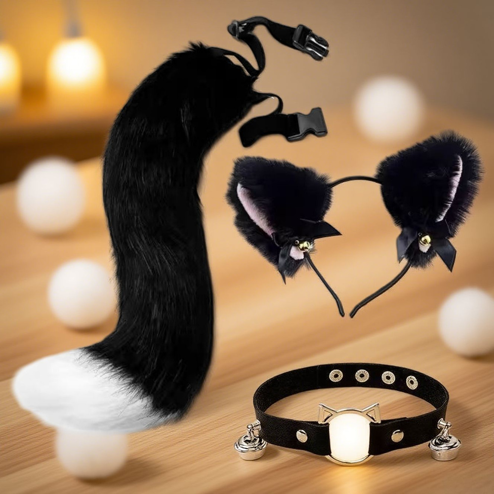 Аксессуары для Хэллоуина, лисий хвост, уши животного, ошейник Черный костюм купить c доставкой ...