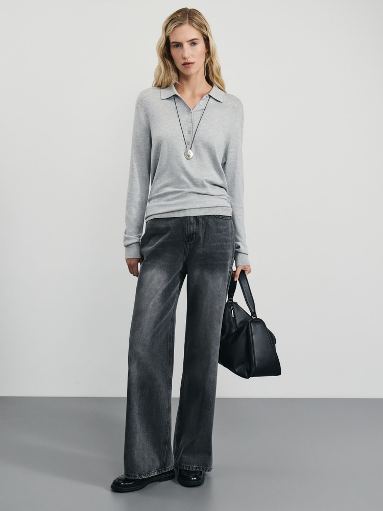 Джинсы Женский Zarina серый широкие Полиэстер, Хлопок, размер 54 свободный Молния Высокая ...