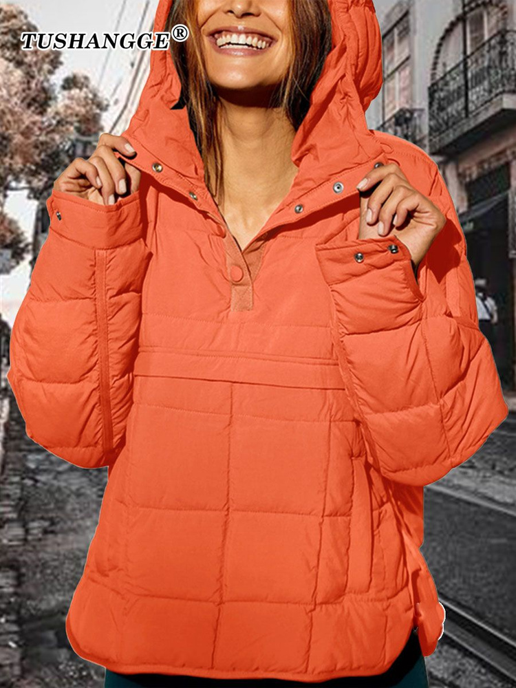 Анорак Женский TUSHANGGE оранжевый капюшон Полиэфирное волокно, размер 54, 56 Длинный Демисезон ...