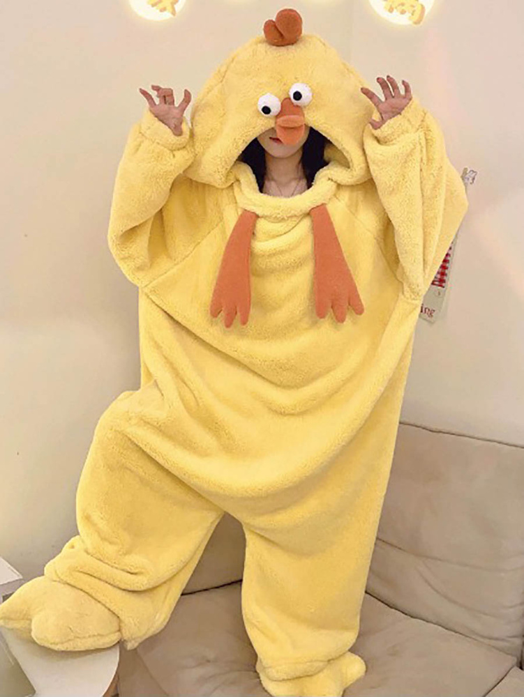 Пижама Женский SYJWY Корал-флис, размер 44 Орнамент желтый Длинный Китай Мех Без застежки ...