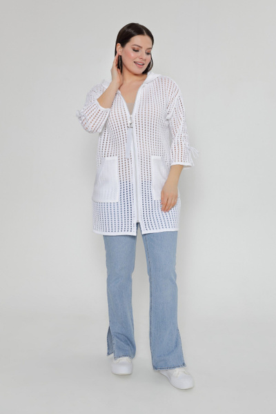 Жакет Женский BONADI белый Трикотаж, размер 48 В сеточку оверсайз Укороченный Молния Однотонный ...