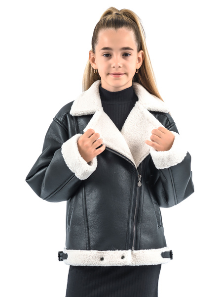 Дубленка Девочки Valini Искусственная кожа, Экозамша Мех, Карманы отложной черный, размер 164 ...