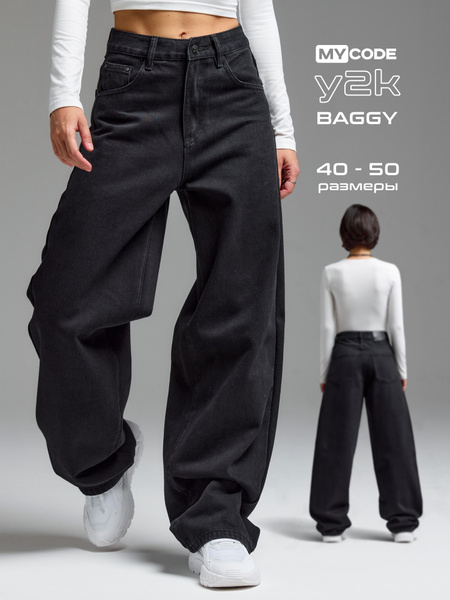 Джинсы Женский MYCODE черный, черный графит багги, широкие Хлопок, Эластан, размер 40 оверсайз ...