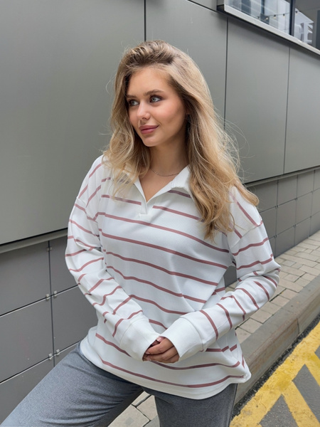 Лонгслив Женский MYCODE белый, бежевый Длинный, размер 42, 44 Хлопок, Полиэстер В рубчик ...