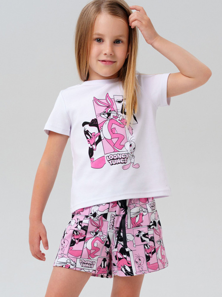 Пижама Девочки PlayToday с шортами Трикотаж, размер 104 Мультяшный белый, розовый Короткий Китай ...