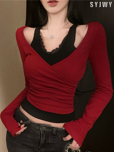 Лонгслив Женский SYJWY красный Длинный, размер 46 Полиэфирное волокно Воротник свободный ...