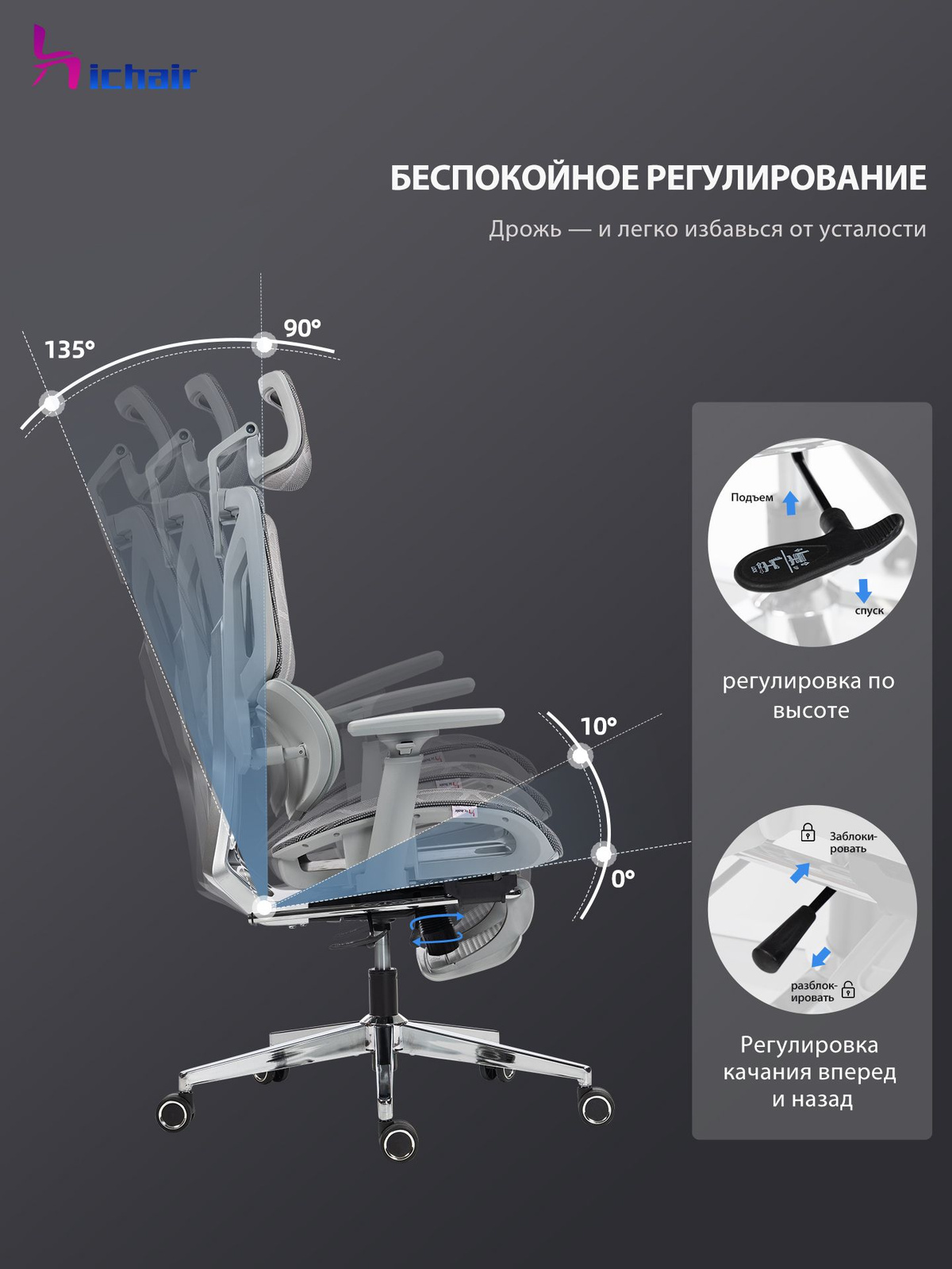 Кресло компьютерное игровое HICHAIR H989 orthopedic с регулировкой высоты и подушкой для ...