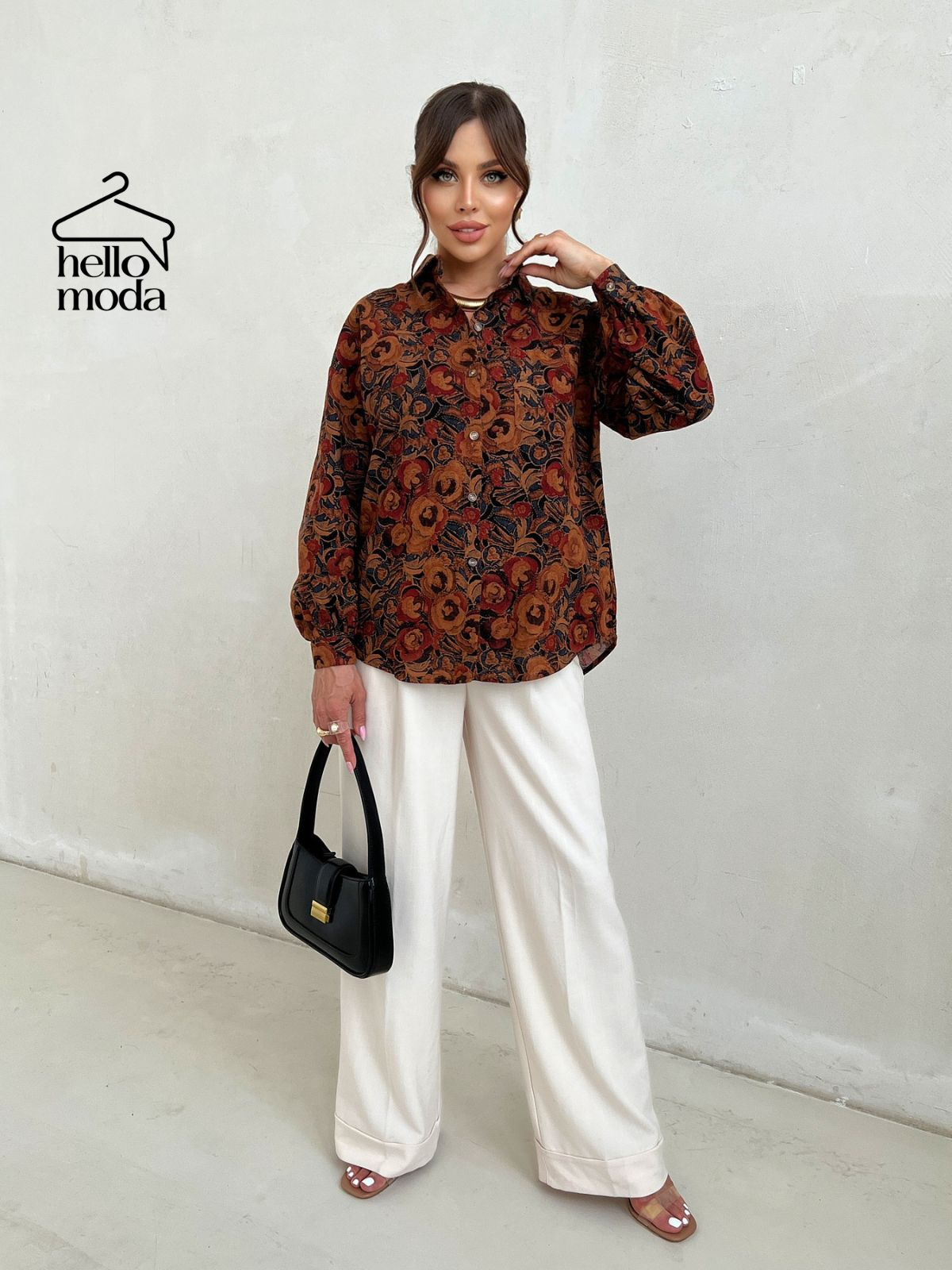 Рубашка Женский HELLO MODA! карамельный, черный Длинный Хлопок, Лён Карманы Орнамент, размер 52 ...