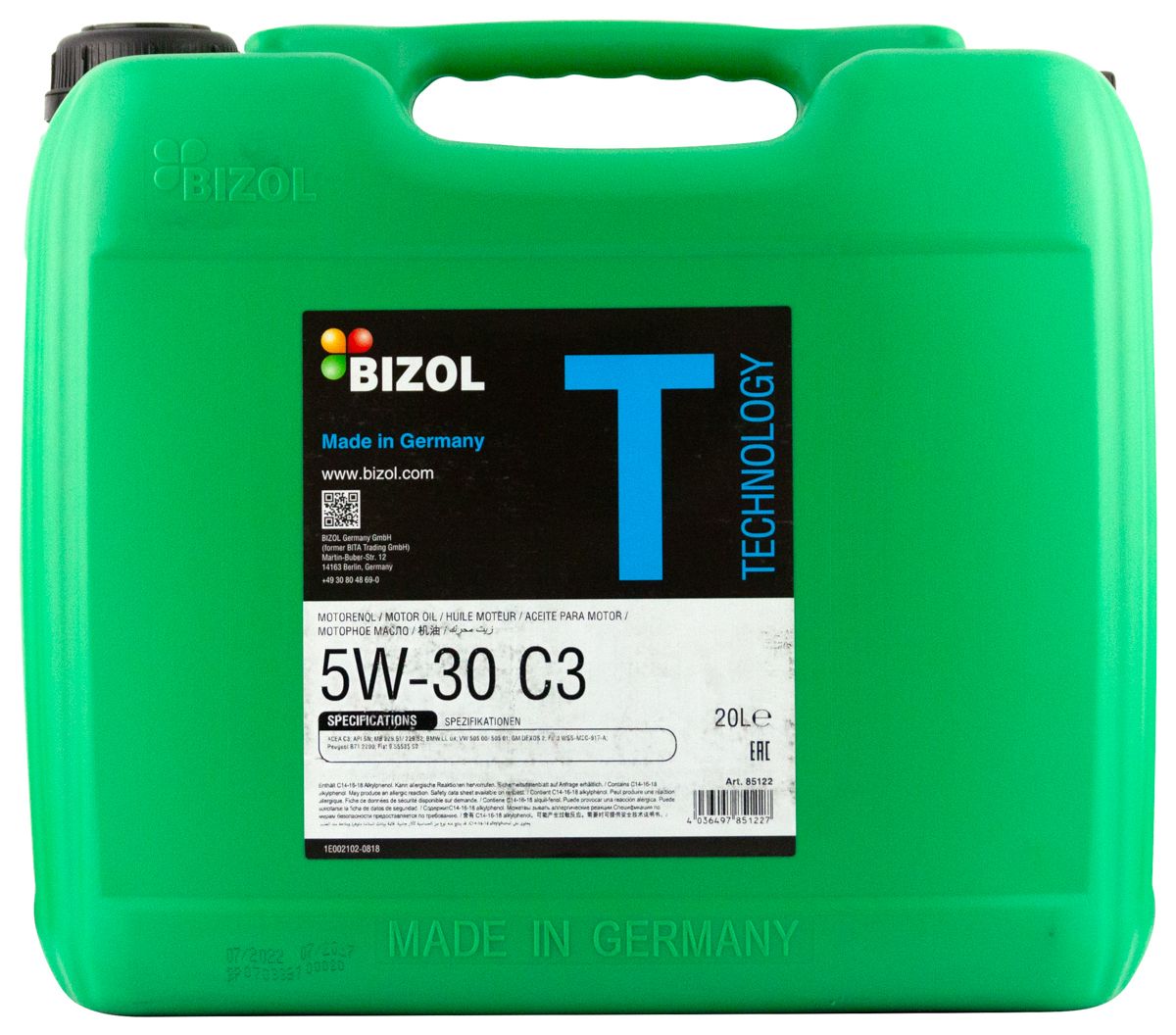 Масло моторное BIZOL Technology 5W-30 C3 5W-30 Синтетическое 20 л 85122 ...