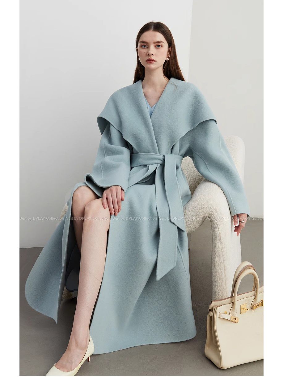 Пальто Женский Rattan&Leaf Шнуровка голубой туман с отворотом Мериносовая шерсть Длинный Овечья ...