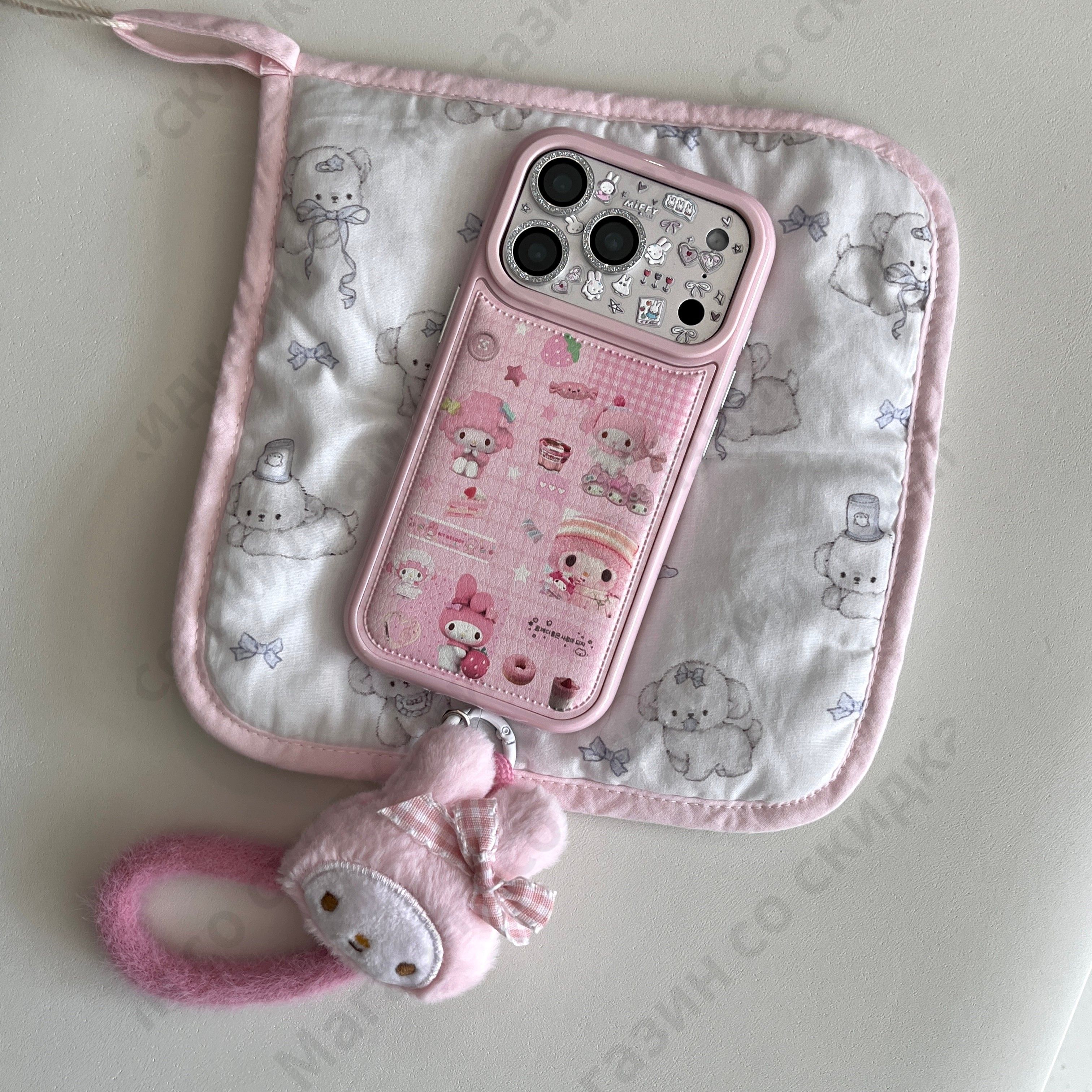 чехол для iPhone 14 PRO MAX с My Melody и кроликом, розовый, с стразами ...