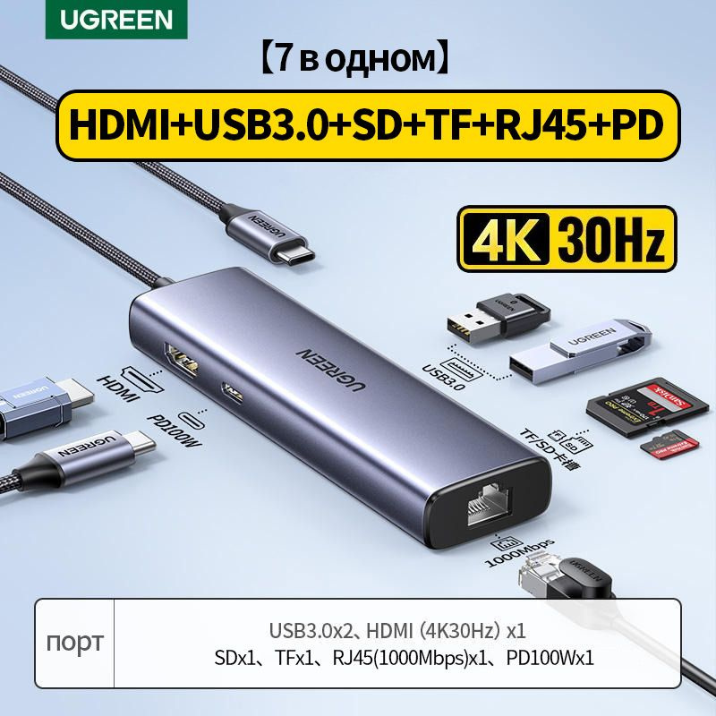 Ugreen Переходник Usb Hub 7 в 1 Type C Hub для Macbook Usb