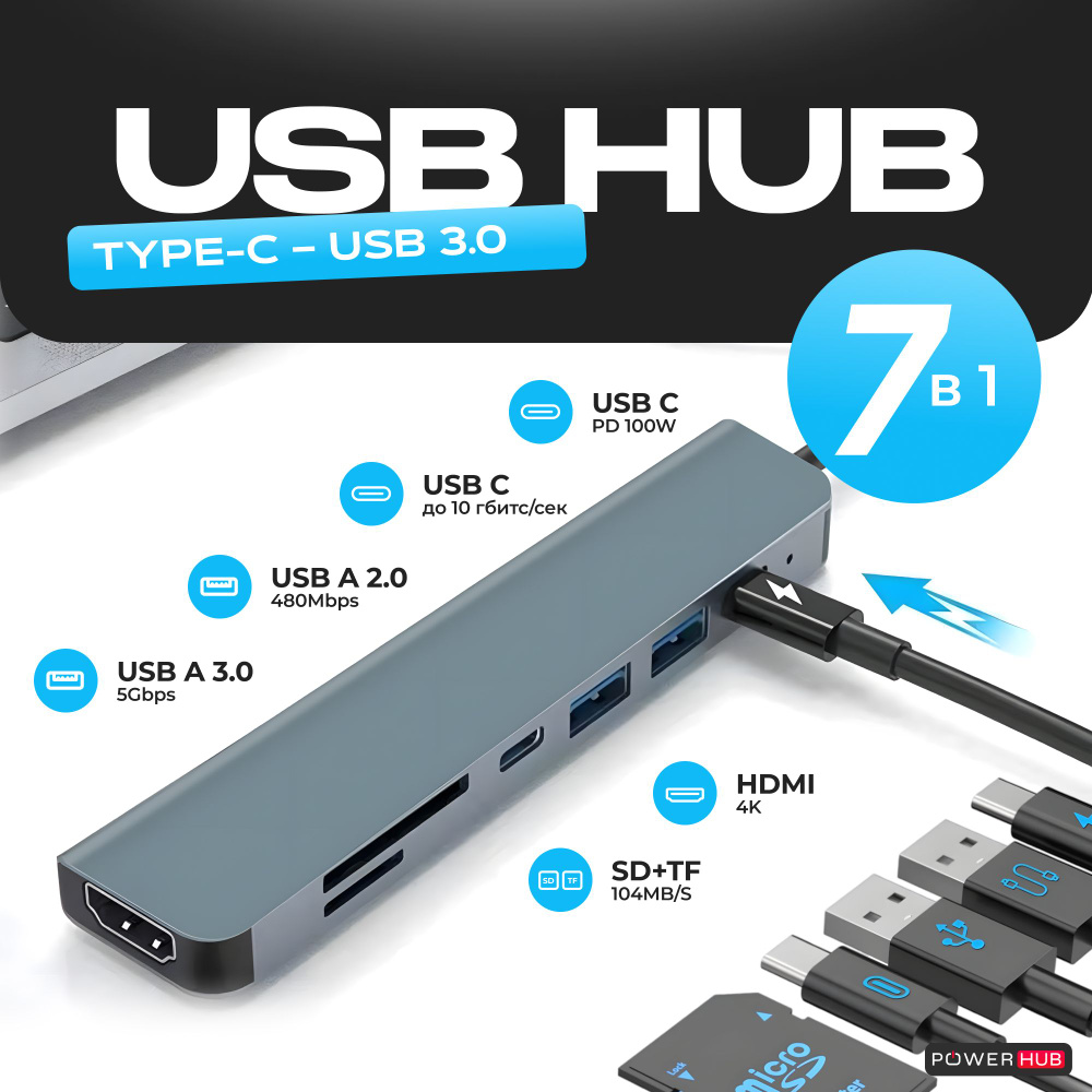 USB HUB 7в1 / USB разветвитель, type c hdmi, док станция type c, usb хаб для macbook купить на ...