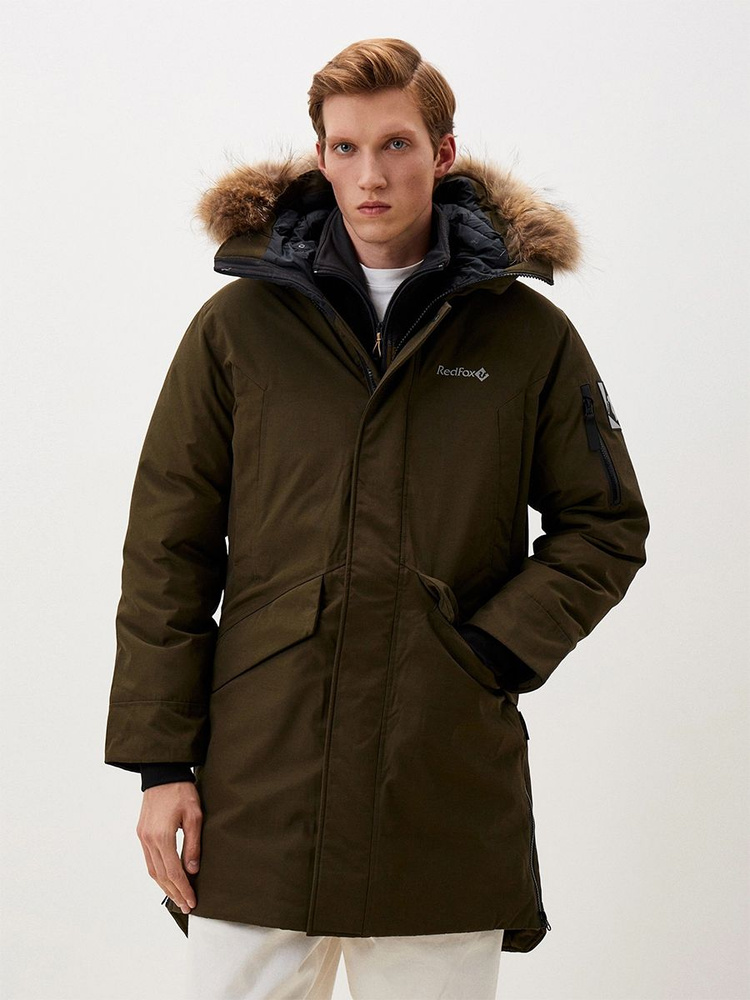 Пуховик Мужской RedFox Капюшон, Карманы хаки круглый, размер 52 Длинный ...