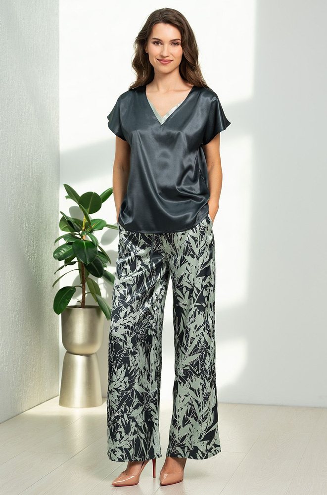 Пижама Женский Mia-Amore с брюками Полиэстер, размер 48 Цветочный зеленый Короткий Китай Без ...