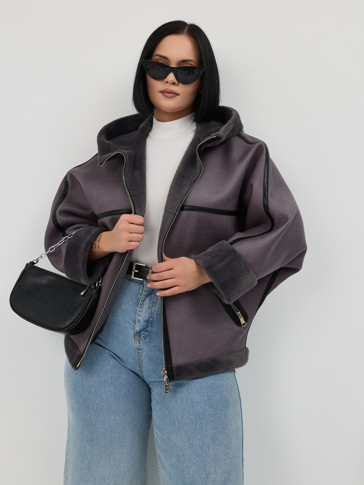 Дубленка искусственная Женский Oli love Молния, Капюшон темно-пурпурный капюшон Замша ...