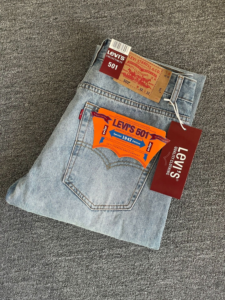 Джинсы Мужской Levi's бледно-синий широкие Деним, Хлопок, размер 36 прямой Молния, Пряжка ...