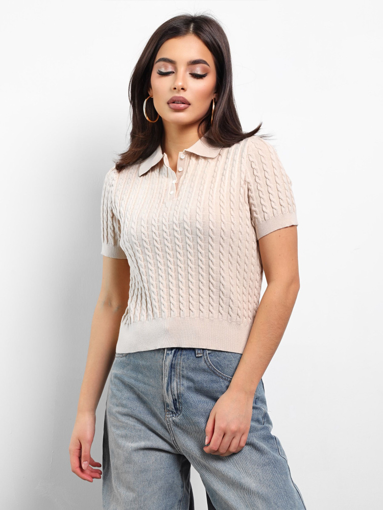 Поло Женский Sali Moda кремовый Короткий, размер 44 Вискоза облегающий Повседневный Россия ...