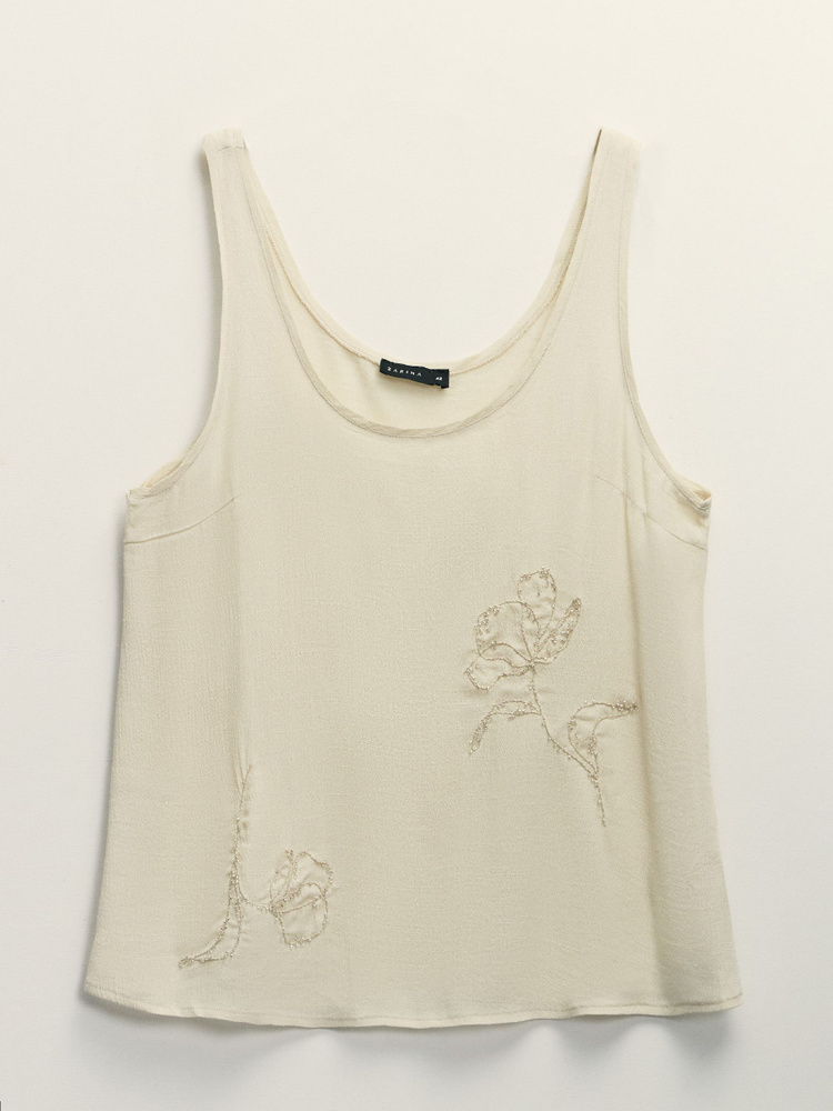 Топ Женский Zarina кремовый, размер 52 Вискоза Без рукавов Повседневный Вышивка Китай свободный ...