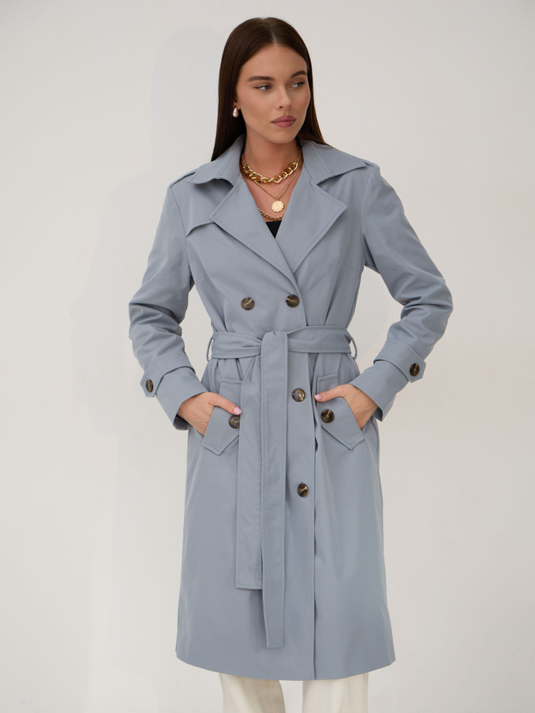 Плащ Женский SLN небесно-голубой Средний Пояс/ремень, Воротник, размер 42, 44 Хлопок, Вискоза ...