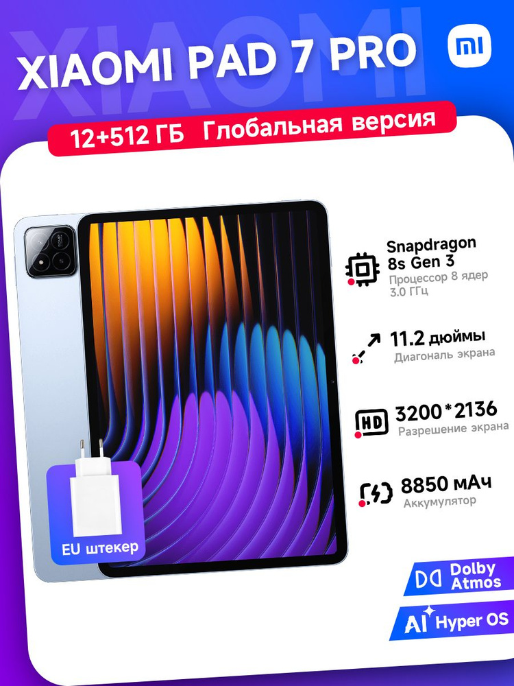 Xiaomi Планшет Pad Pro 11.2" IPS 3200x2136, 12 ГБ / 512 ГБ 8850 голубой ...