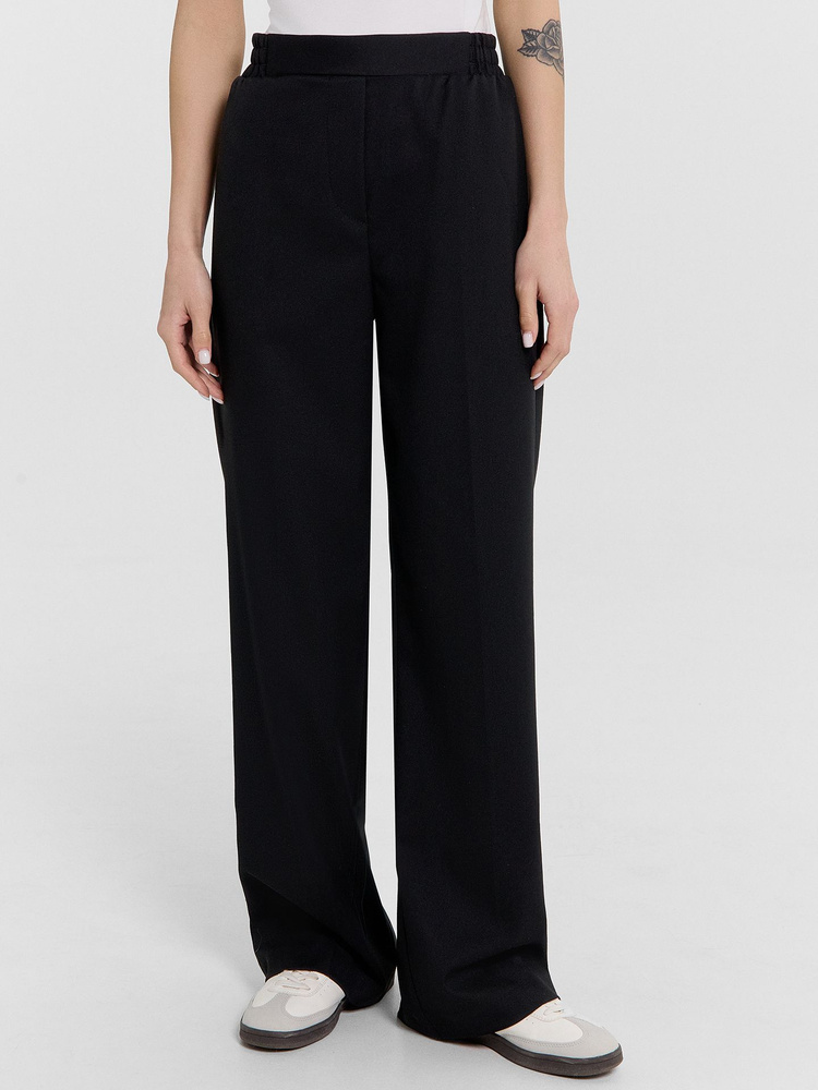 Брюки Женский Mark Formelle палаццо черный Ткань Повседневный, размер 46 Резинка свободный На ...