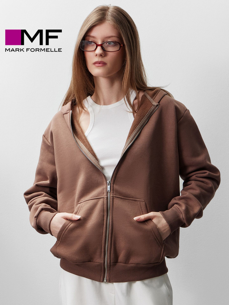 Толстовка Женский Mark Formelle Карманы, Капюшон коричневый Молния Футер, Флис, размер 48 ...