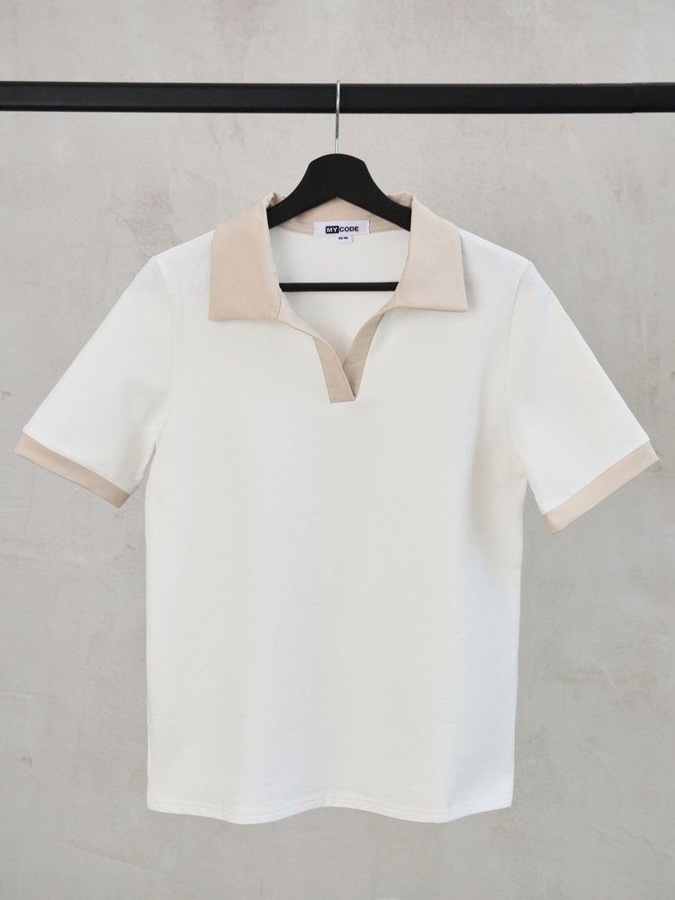 Поло Женский MYCODE бежевый, молочный Короткий, размер 42, 44 Хлопок, Полиэстер Однотонный ...
